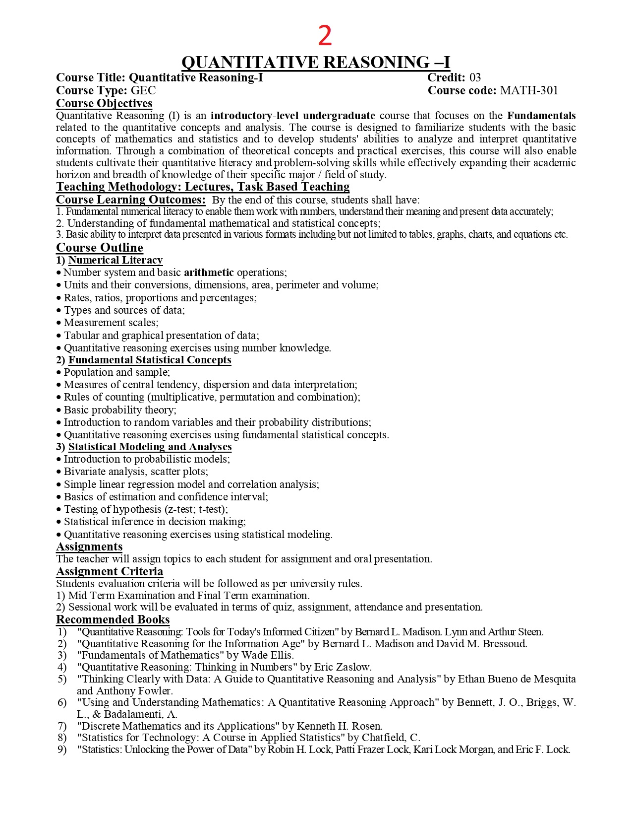 Quantitative Reasoning-I (MATH-301) (Ghazi University) - Honey Books